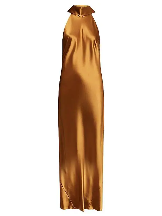 Galvan Sienna Sash-tie Sleeveless Satin Gown - Toffee