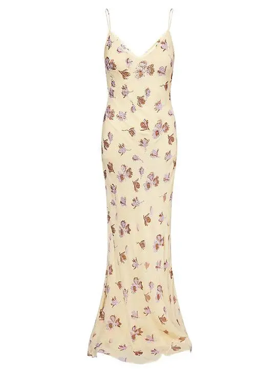 SELF-PORTRAIT Floral Rhinestone Chiffon Maxi Dress - Yellow
