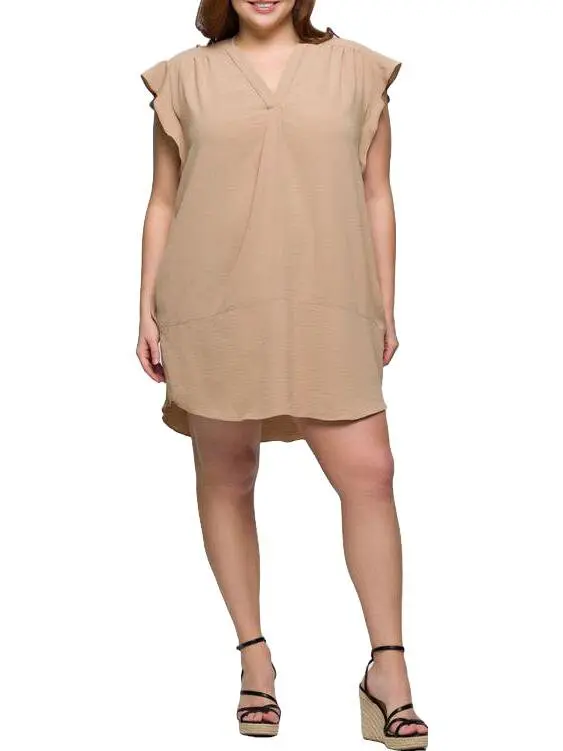 24SEVEN COMFORT APPAREL Flutter Cap Sleeve Shift Dress - Beige