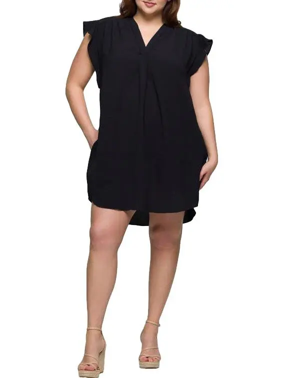 24SEVEN COMFORT APPAREL Flutter Cap Sleeve Shift Dress - Black
