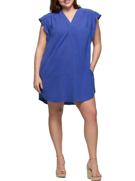 24SEVEN COMFORT APPAREL Flutter Cap Sleeve Shift Dress - Blue