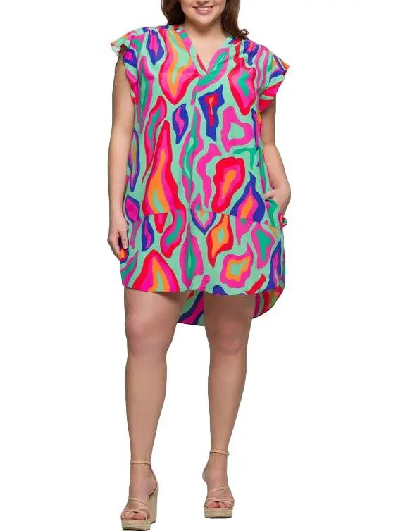 24SEVEN COMFORT APPAREL Printed Flutter Cap Sleeve Shift Dress - Green Multi