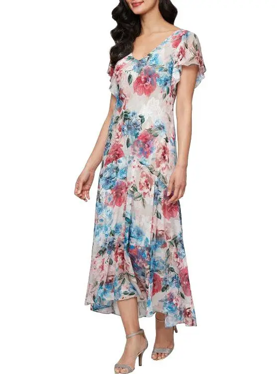 Alex Evenings Floral Burnout Chiffon Cocktail Dress - Taupe Multi