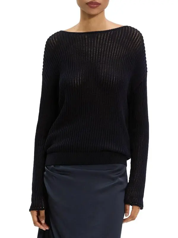 Theory Open Neck Pima Cotton Sweater - Deep Navy