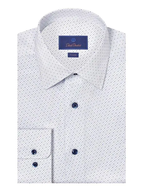 David Donahue Trim Fit Neat Cotton Herringbone Dress Shirt - White/ Blue