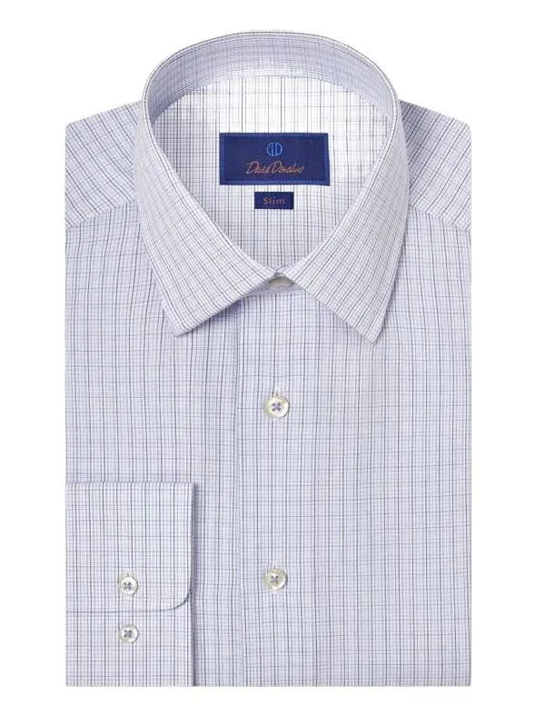 David Donahue Slim Fit Tattersall Check Cotton Dress Shirt - White/ Blue