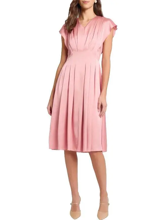 Misook Pleated Charmeuse Fit & Flare Dress - Light Honey Suckle
