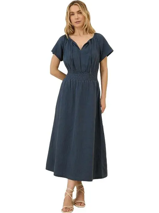 PACT Organic Cotton Coastal Double Gauze Boho Midi Dress - French Navy