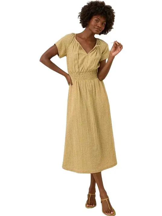 PACT Organic Cotton Coastal Double Gauze Boho Midi Dress - Gold Gingham