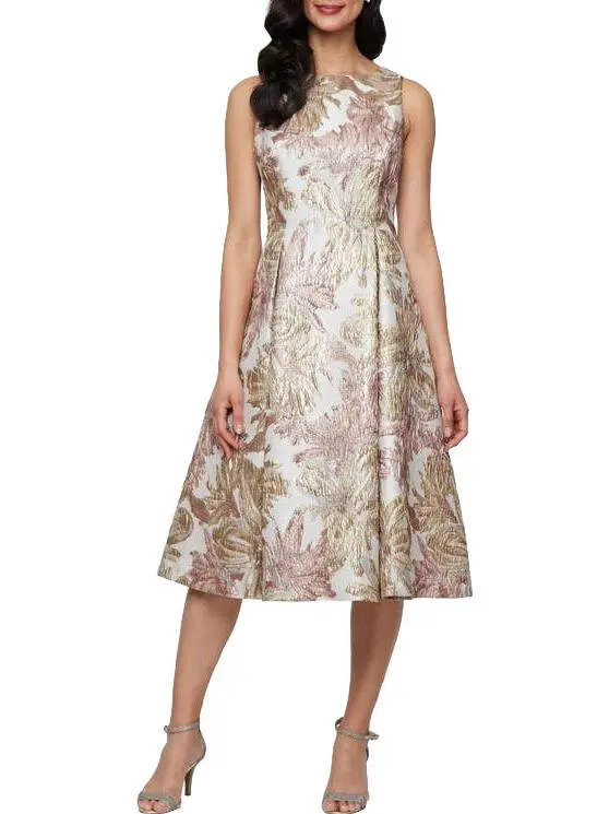 Alex Evenings Metallic Floral Jacquard Fit & Flare Cocktail Dress - Taupe Multi