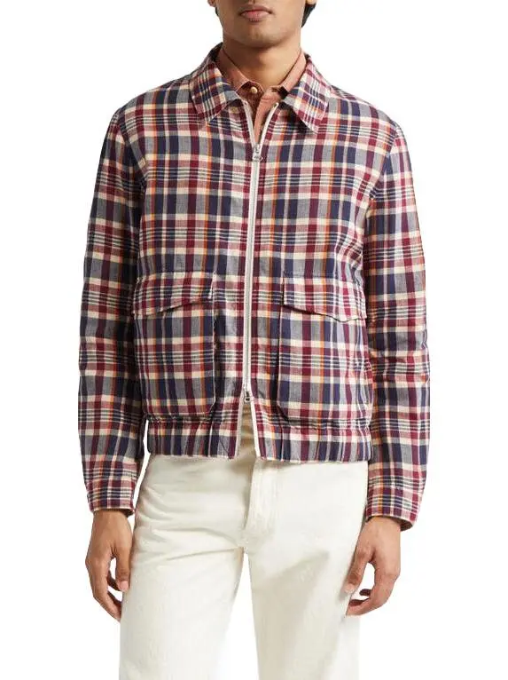 DRAKE'S Madras Plaid Waxed Cotton Blouson Jacket - 993 Navy/ Rust/ Ecru