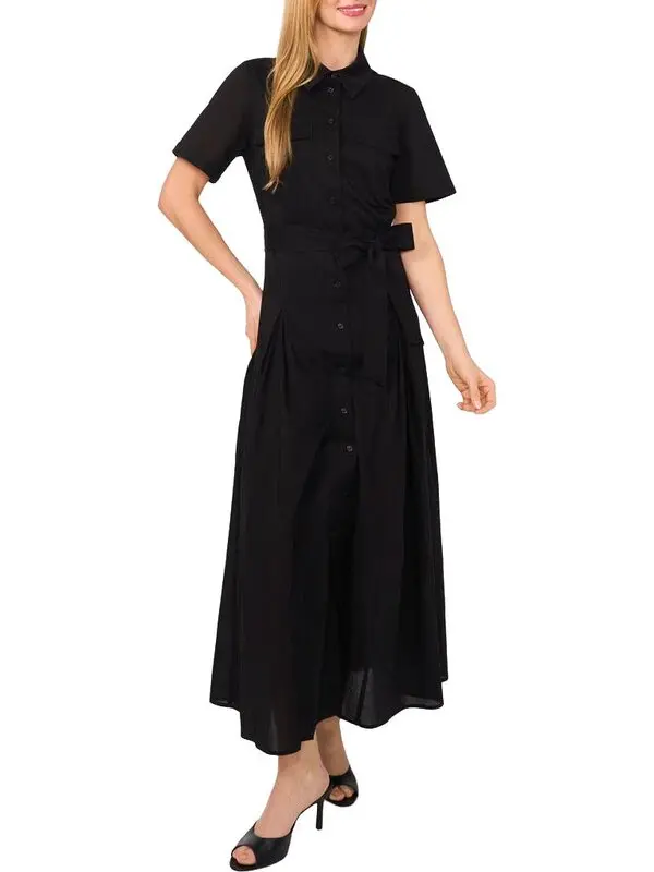 Ted Baker London Box Pleat Tie Belt Cotton Maxi Shirt Dress - Rich Black