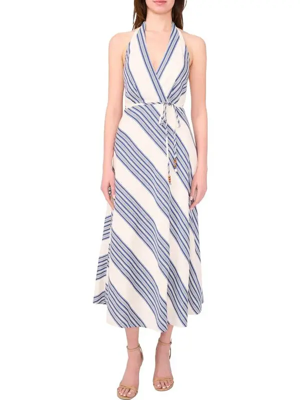 Halogen Halter Faux Wrap Midi Dress - Denim/ Ivory