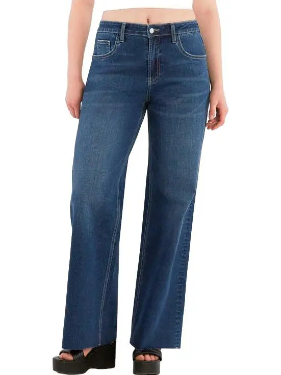 HINT OF BLU Raw Hem Wide Leg Jeans - Storm Denim