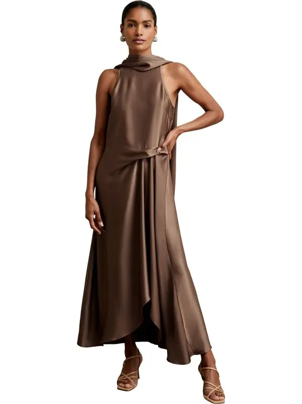 REISS Michelle Satin Tuck-detail Cape Midi Dress - Taupe Brown