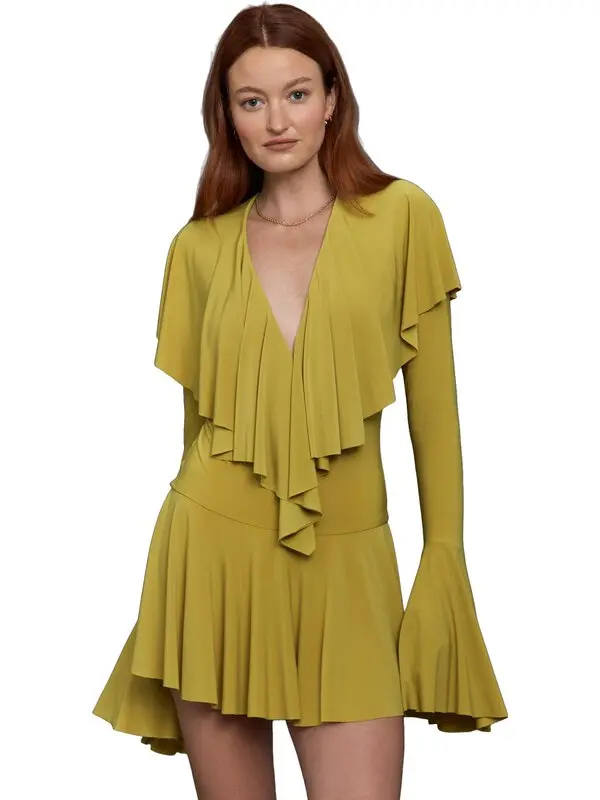 Norma Kamali Long Sleeve Deep V Ruffle Mini Dress - Asparagus