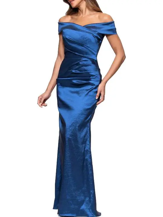 XSCAPE EVENINGS Off The Shoulder Taffeta Sheath Gown - Indigo