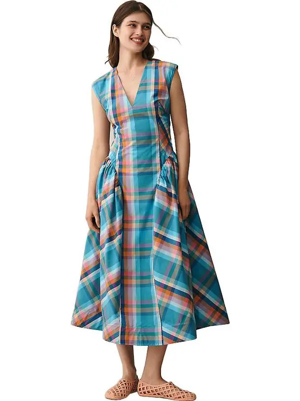 Maeve Sleeveless V-neck Basque-waist Midi Dress - Blue Colorful Plaid