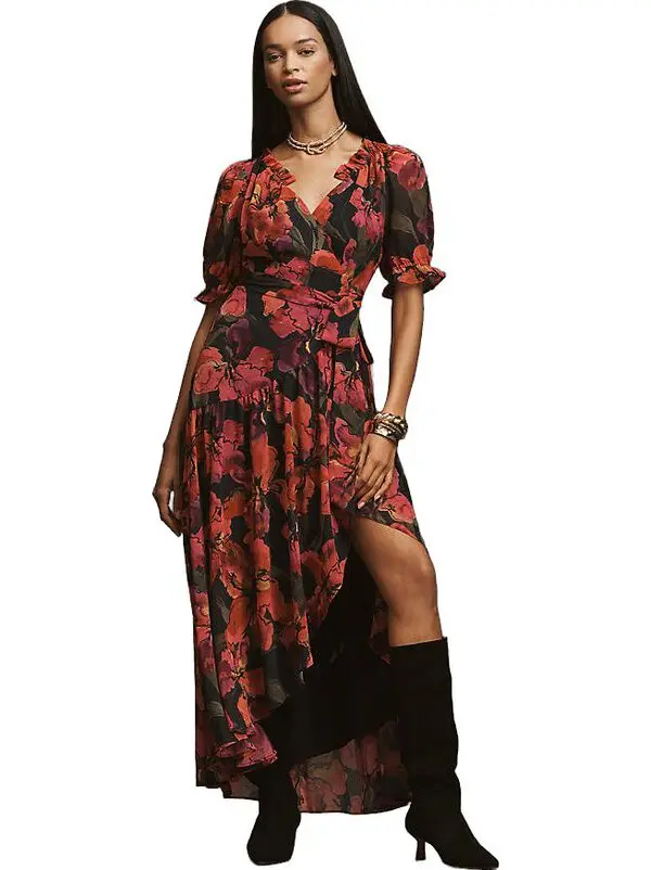 HUTCH Puff-sleeve V-neck Wrap Maxi Dress - Black Pattern