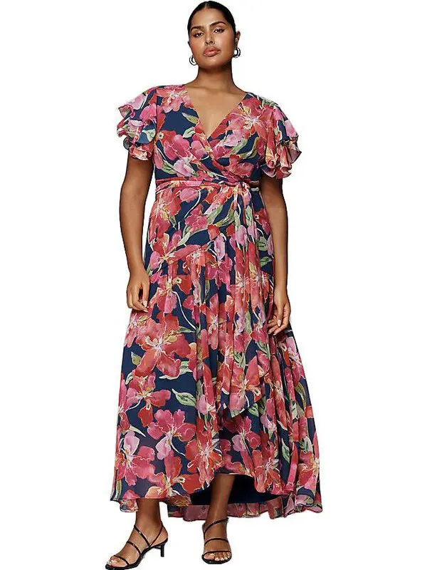 HUTCH Zola Short-sleeve Ruffle Wrap Midi Dress - Blue Floral