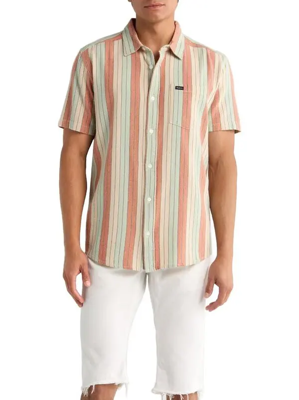 Rvca Alvarado Stripe Short Sleeve Linen Blend Button-up Shirt - Ceramic