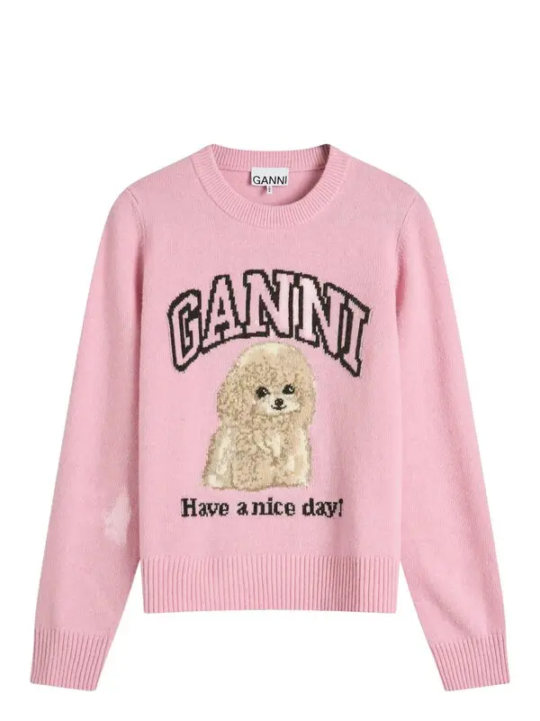 GANNI Graphic Wool Mix Poodle Crewneck - Chalk Pink