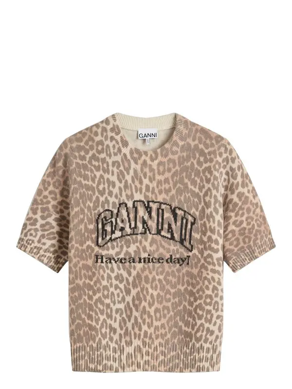 GANNI Graphic Wool Mix Printed T-shirt - Leopard