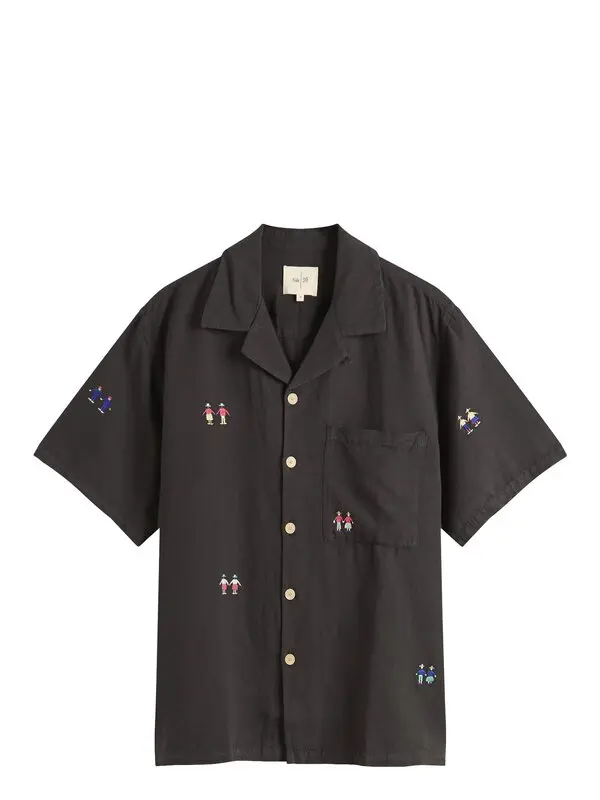 Folk Relaxed Soft Collar Vacation Shirt - Soft Black Scattered Embroidery