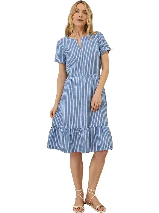 PACT Canopy Linen Notch Neck Dress - Bondi Stripe