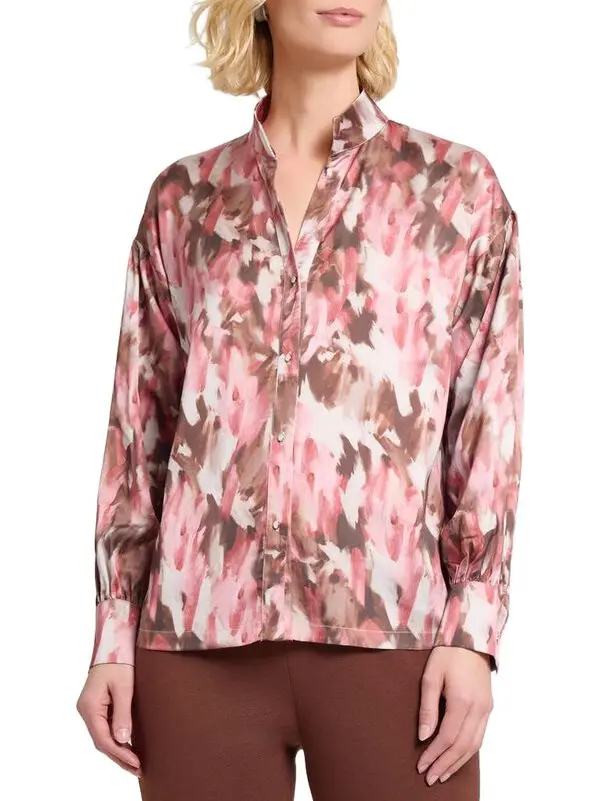 Misook Brushstroke Print Crêpe De Chine Button-up Shirt - Honey Suckle/ Charmeuse/ Multi