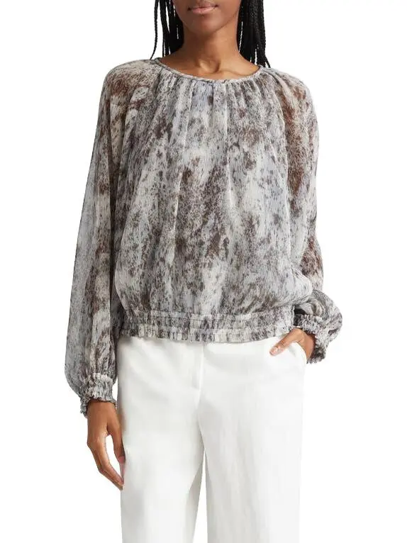 Lafayette 148 New York Speckled Glaze Print Georgette Blouse - Brown/ Pearl Multi