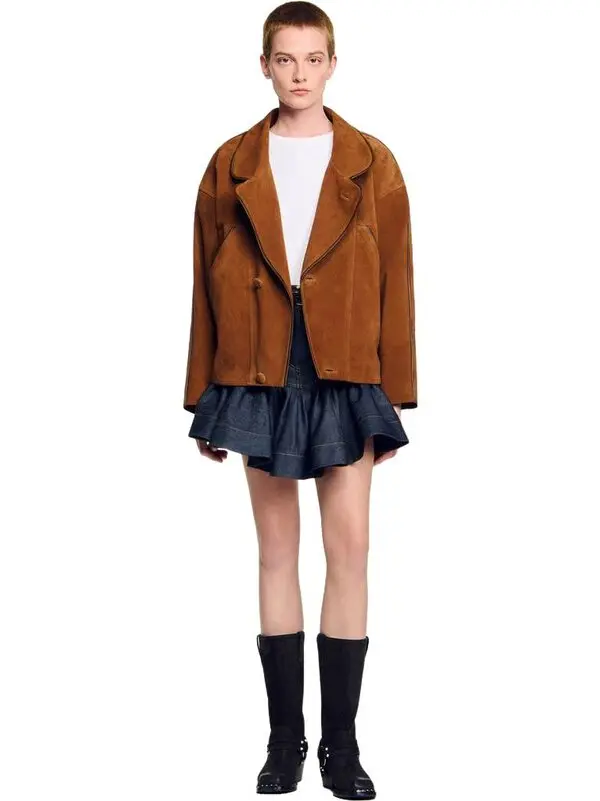 Sandro Oversized Suede Jacket - Brown