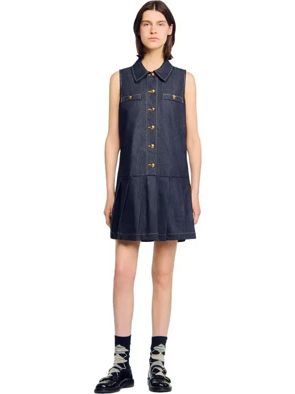 Sandro Sleeveless Denim Mini Shirt Dress - Deep Blue
