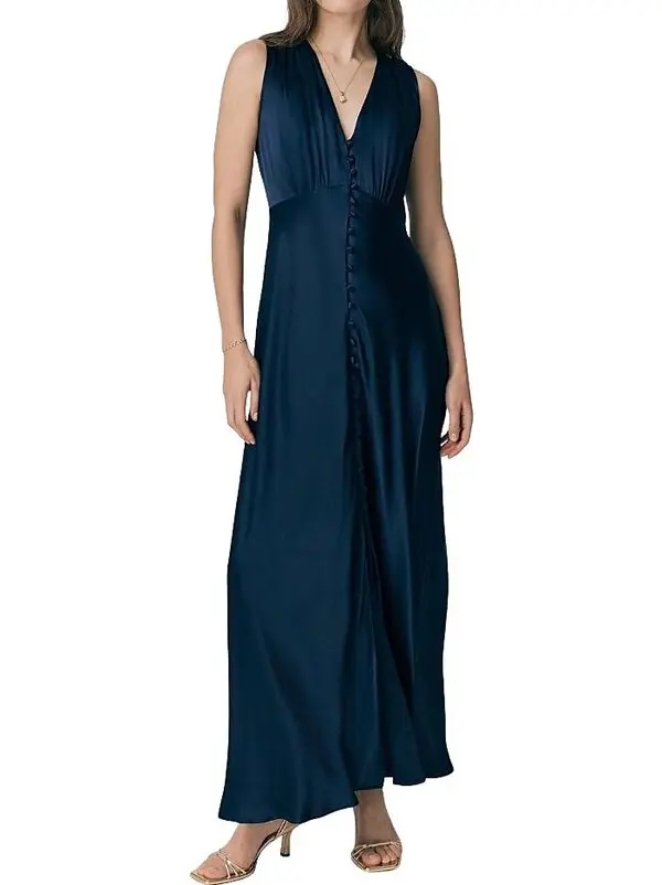GHOST LONDON River V-neck Button Satin Maxi Dress - Blue