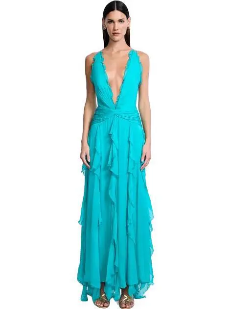 Bcbgmaxazria Ruffle Halter Chiffon Gown - Spectra Green