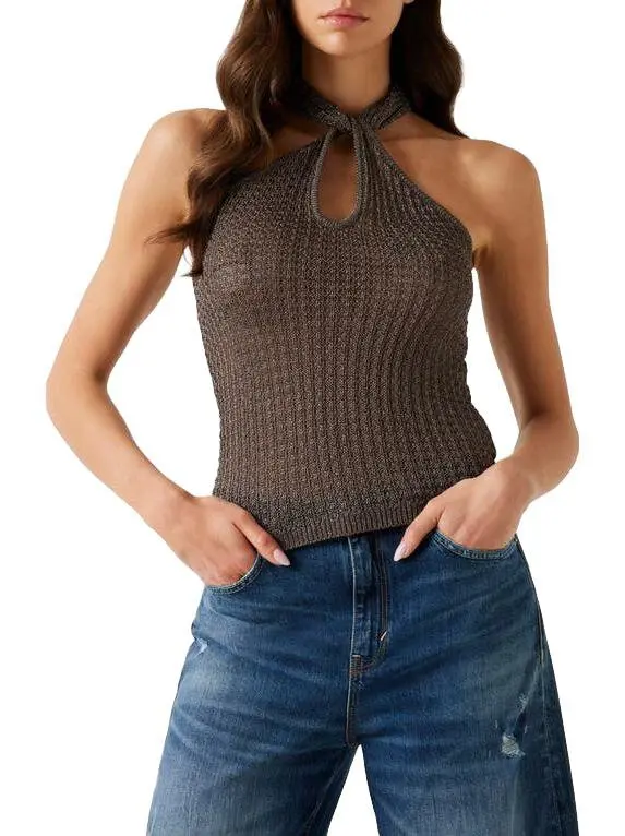 Guess Shimmer Knit Sleeveless Sweater With Keyhole Neck - Brown