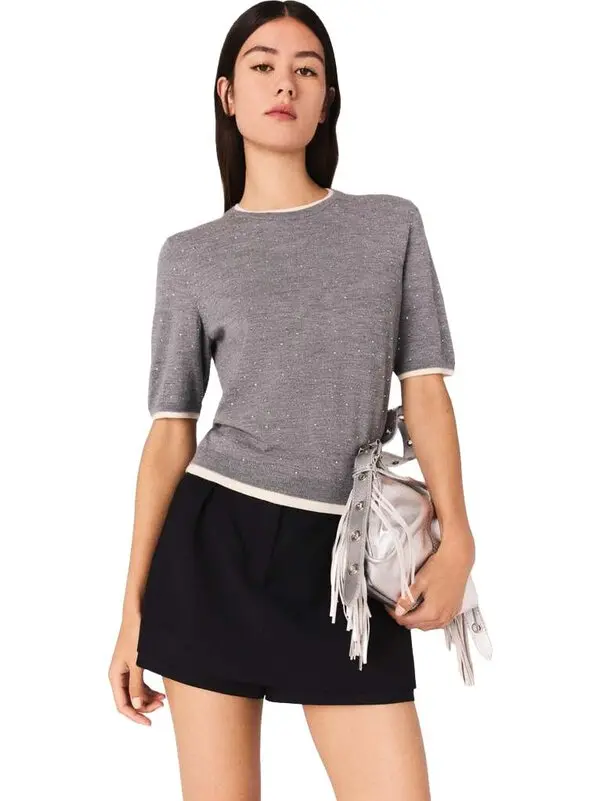Maje Wool Sweater With Rhinestones - Grey