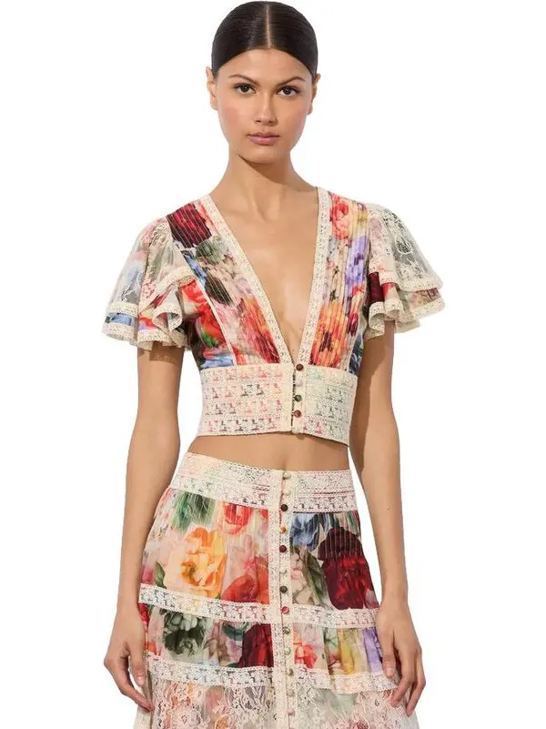 Alice + Olivia Keeley Printed Cotton Voile Blouse With Lace Trim - Floral