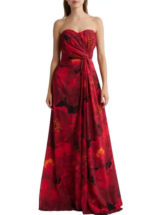 Chiara Boni La Petite Robe Floral Strapless Georgette Gown - Red