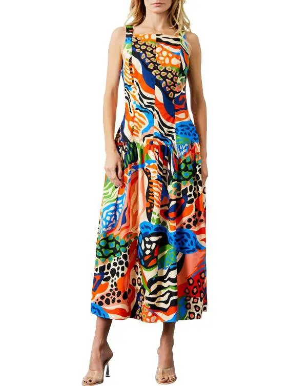 CIEBON Abstract Print Cotton Dress - Red Multi