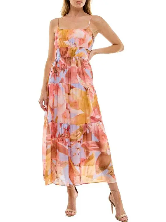 SOCIALITE Abstract Floral Tiered Maxi Dress - Lavender/ Coral