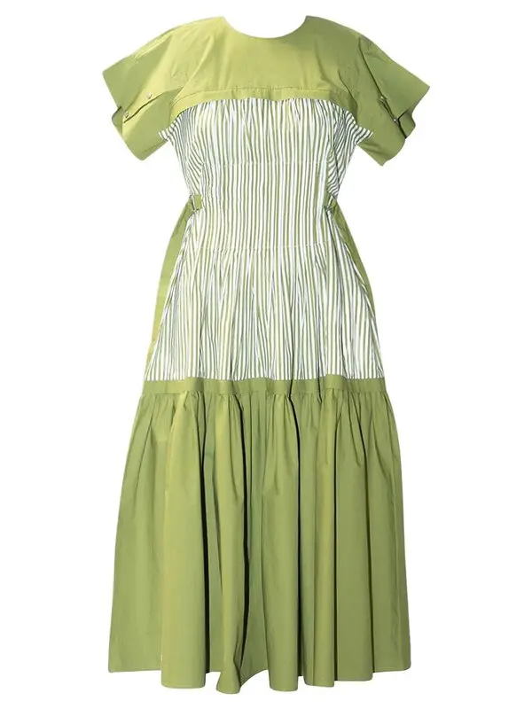 LOVEBIRDS Striped Cotton Midi Shirt Dress - Matcha Linear Matcha