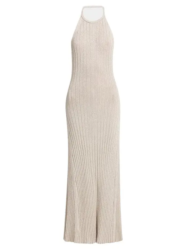 TOM FORD Metallic Ribbed Halter Maxi Gown - Silver