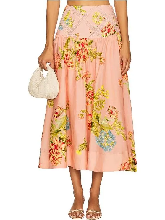 Hemant & Nandita Midi Skirt With Floral Print And Lace Trim - Blush