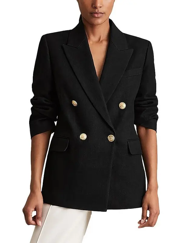 REISS Linen-blend Double-breasted Blazer - Black