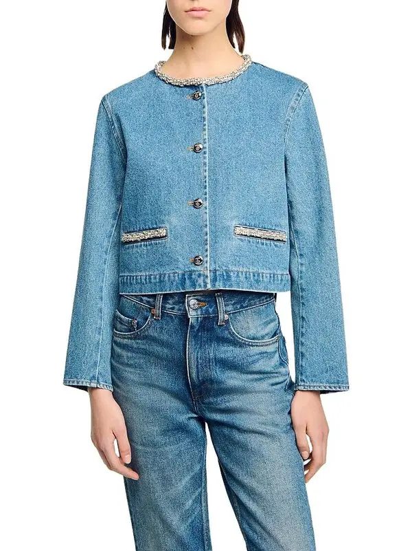 Sandro Rhinestone Denim Jacket - Blue Jean