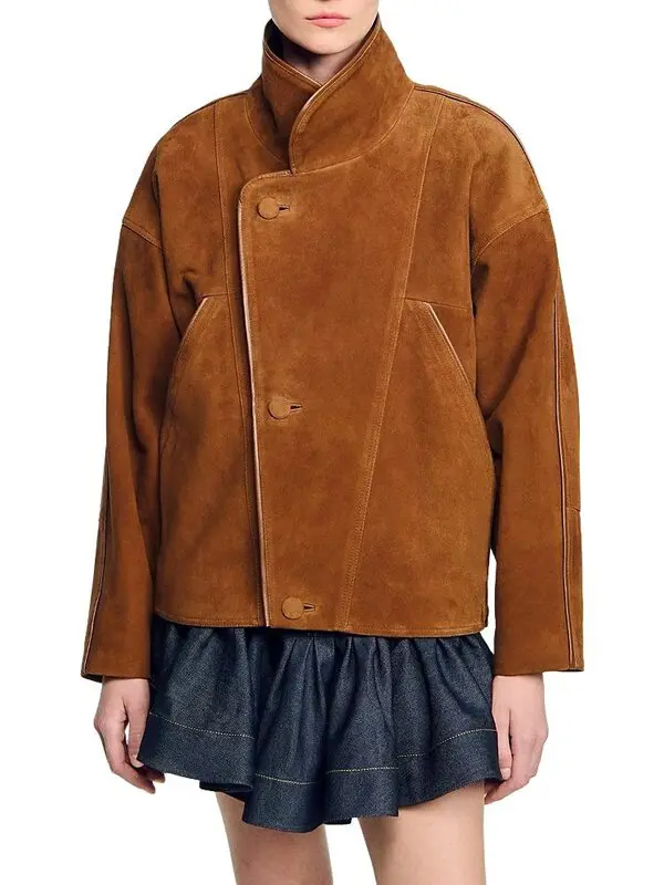 Sandro Oversized Suede Jacket - Brown