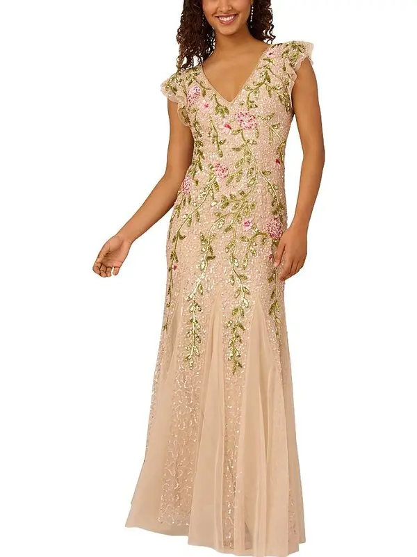 Adrianna Papell Beaded Mesh Flutter Sleeve Dress - Light Champagne