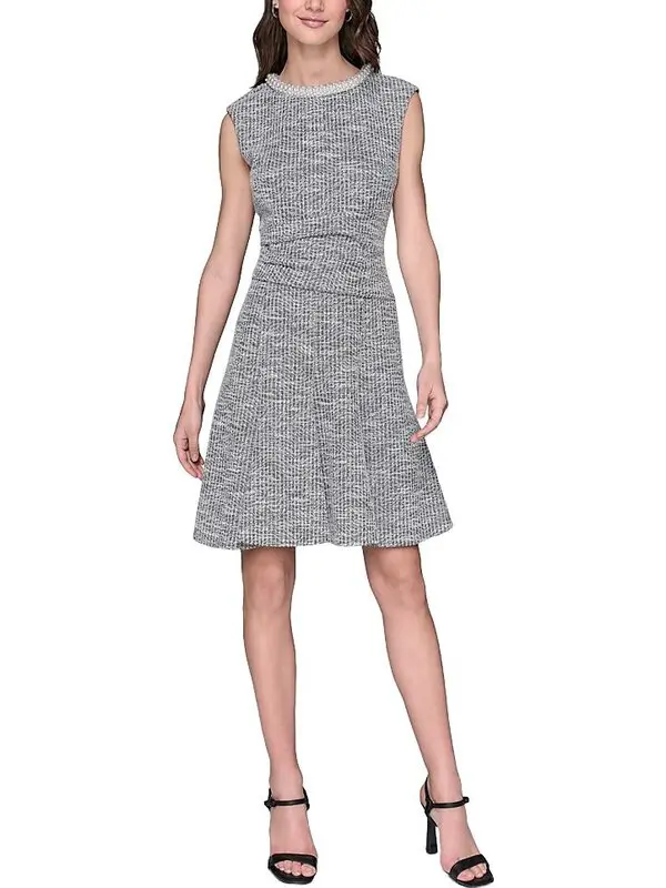 Karl Lagerfeld Paris Stretch Tweed Pearl Neck Mini Dress - Black/soft White