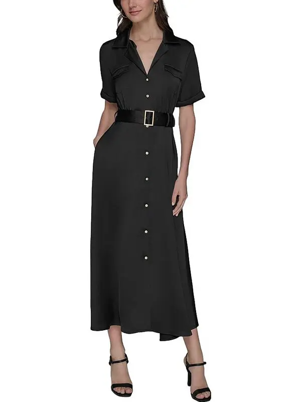 Karl Lagerfeld Paris Satin Belted Midi Shirtdress - Black